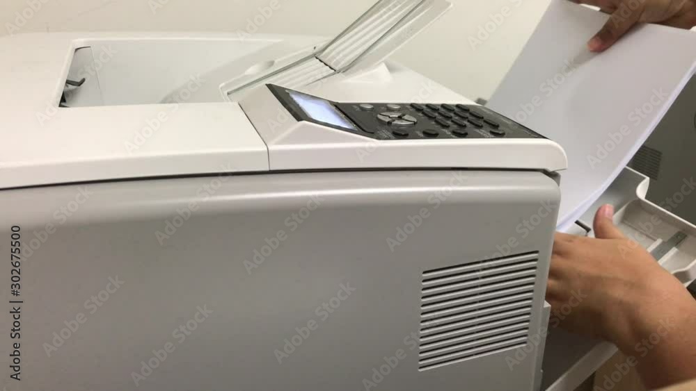 Motion action of printing document paper with laser printer, office ...