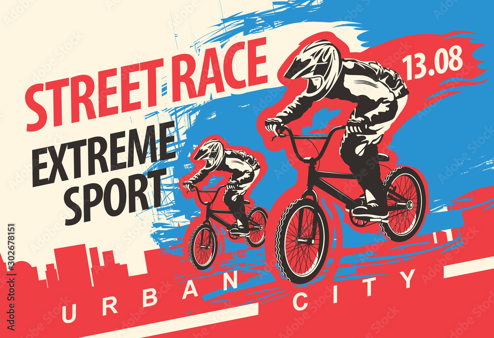 Vector banner or flyer with cyclists on the bikes and words Street race ...