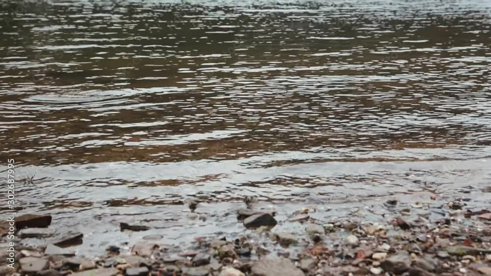 Still shot of water waves washing up on a river shore Stock Video ...