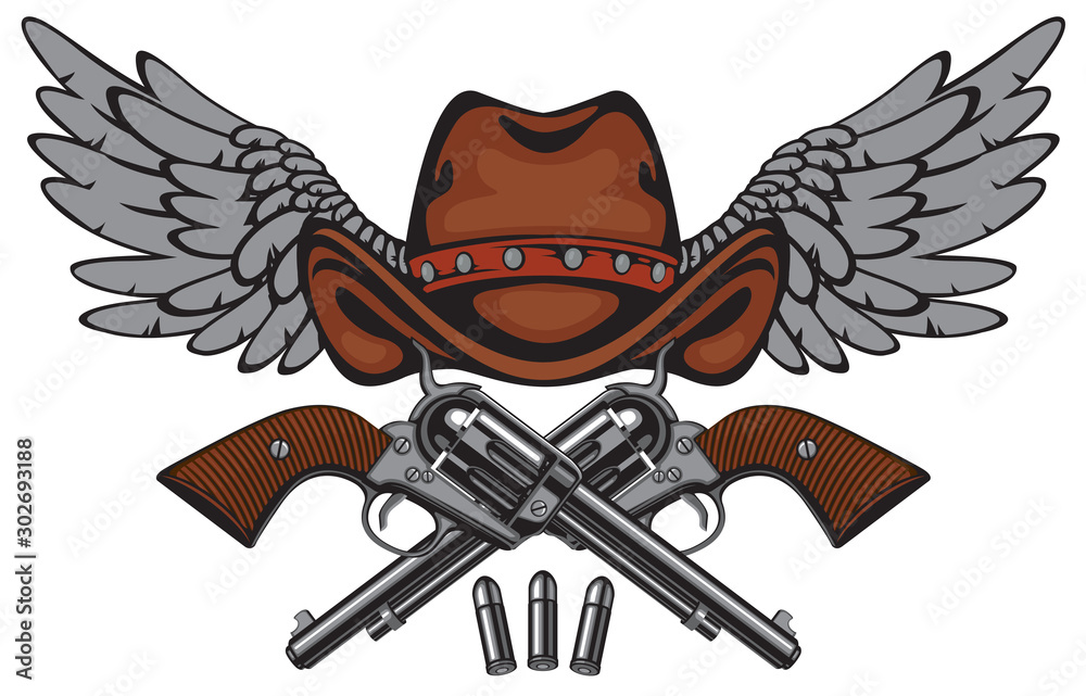 Vector banner with two big old revolvers, brown cowboy hat and wings ...