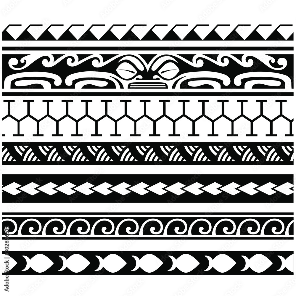 Polynesian tattoo. Set of ethnic seamless black and white borders ...