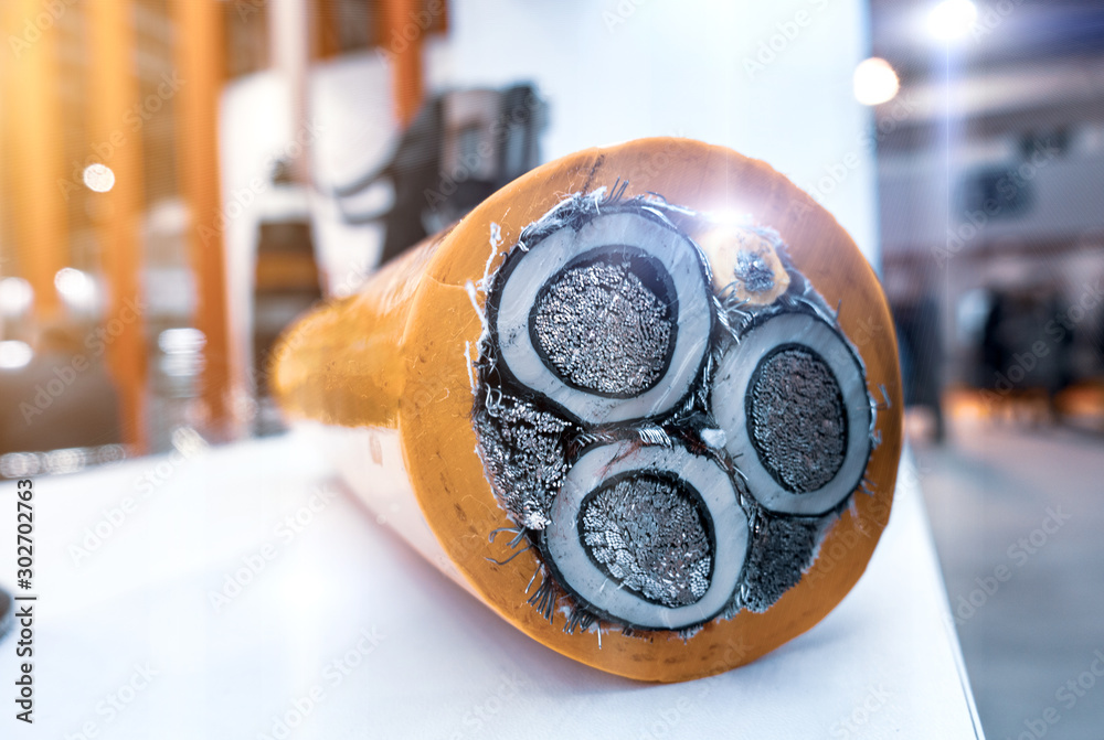 Three-core high-voltage cable with cutaway insulation Stock Photo ...