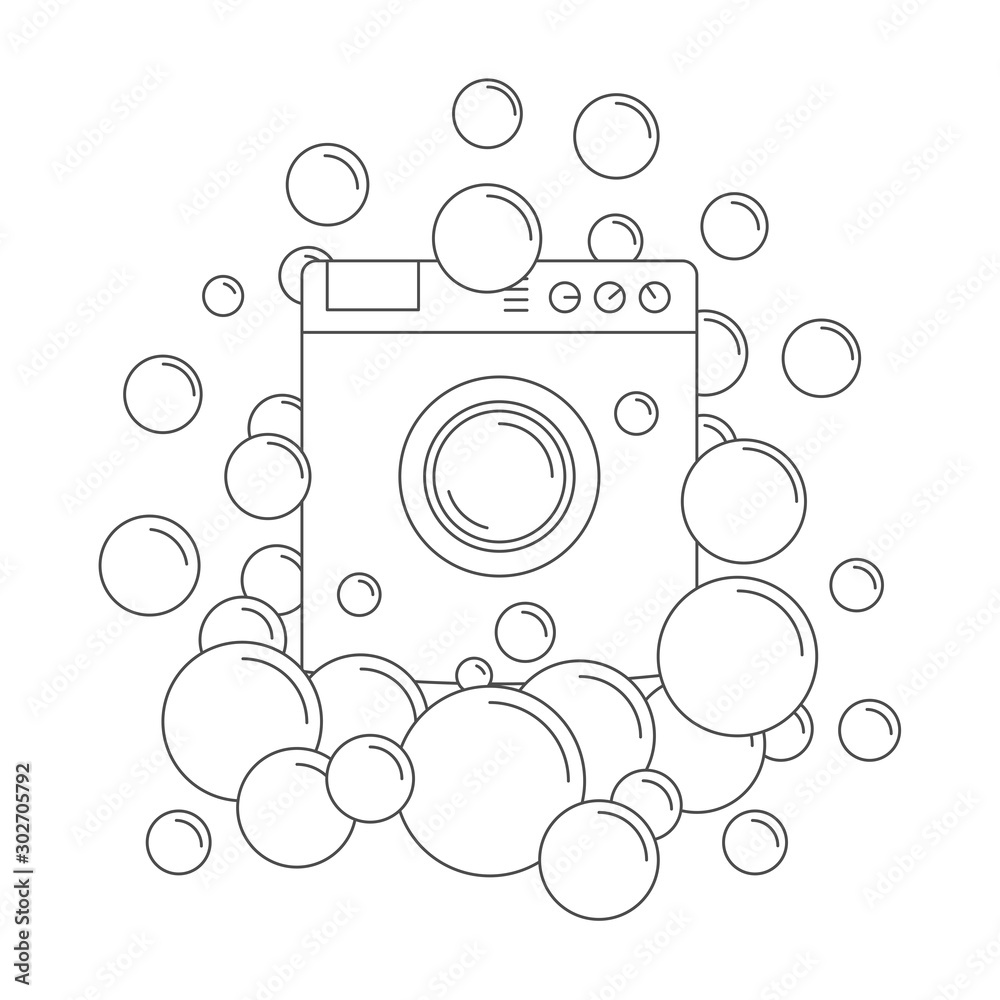Washing machine surrounded by soap bubbles. Concept of working or ...