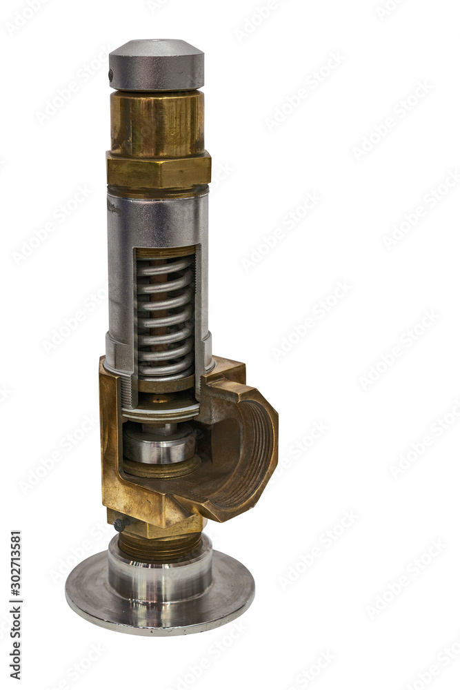 cross section of a small pressure relief valve isolated on a white ...