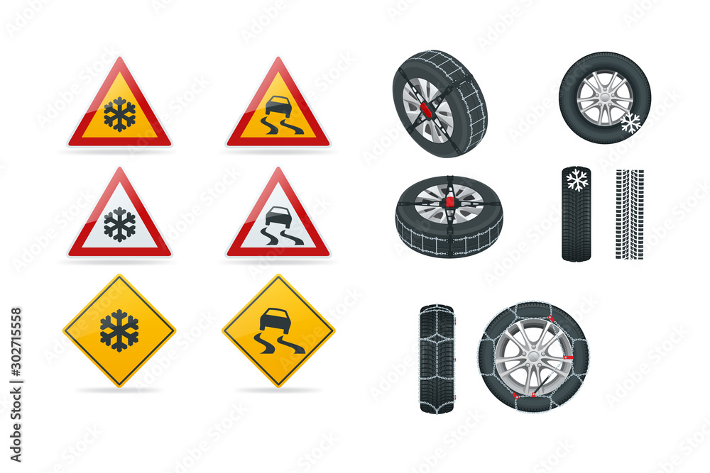 Snow chains on tire. Slippery road. Traffic signs and Tire With Mounted ...