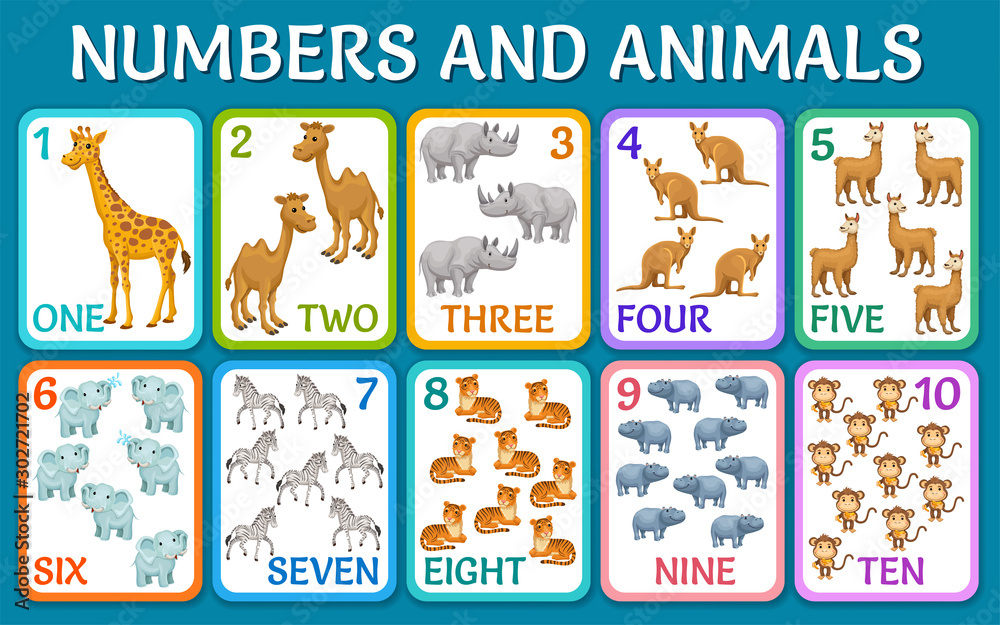 Cartoon animals of savanna and desert. Children cards numbers for kids ...