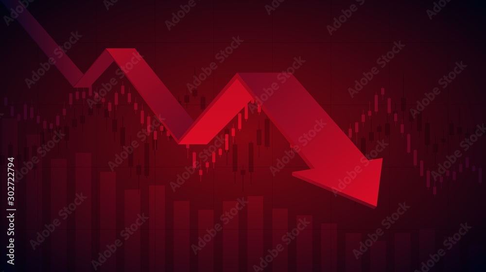 Abstract financial chart with downtrend line graph and arrow in stock market on red color ...