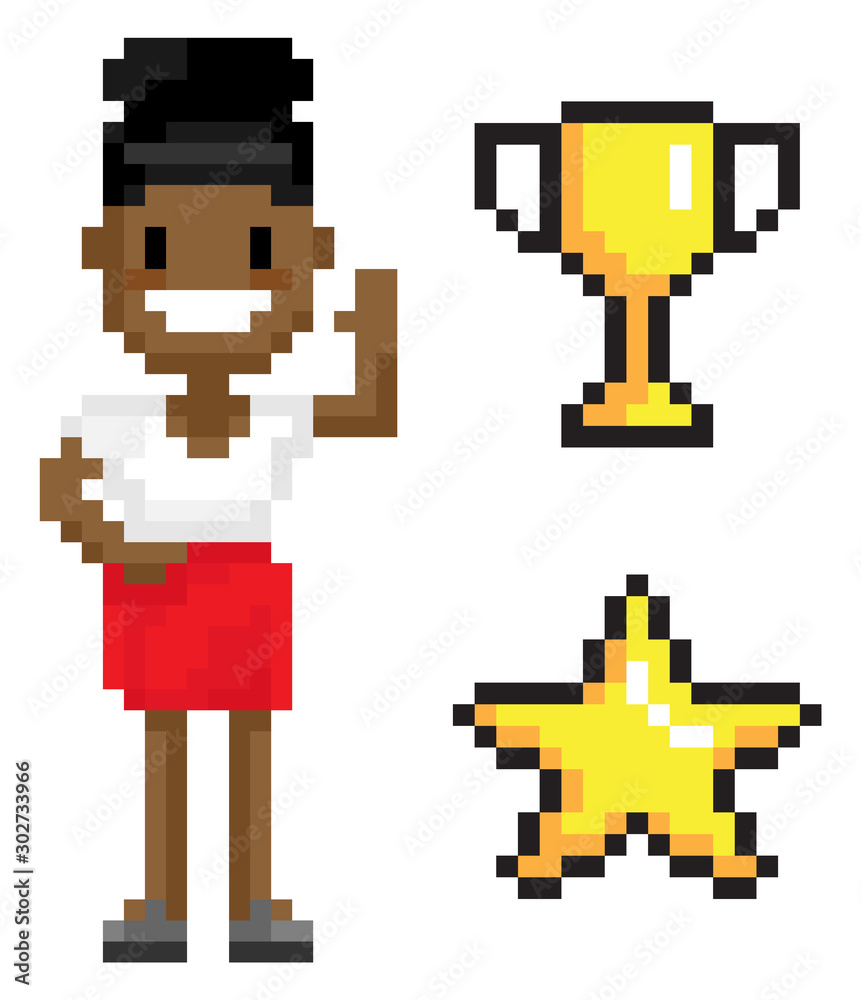 Woman pixel character with symbols cup and star, portrait view of ...