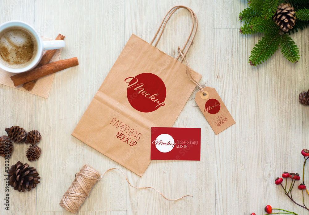 Paper Bag, Label, and Business Card Mockup with Christmas Decorations ...