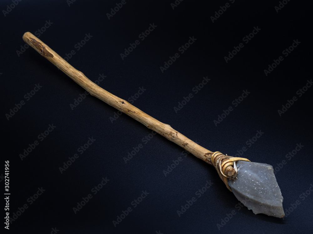 Replicas of the primal stone tool with wooden handles and leather ...