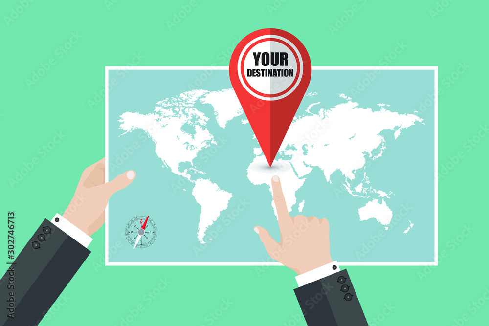 Check your destination on world map. Vector illustration in flat design ...