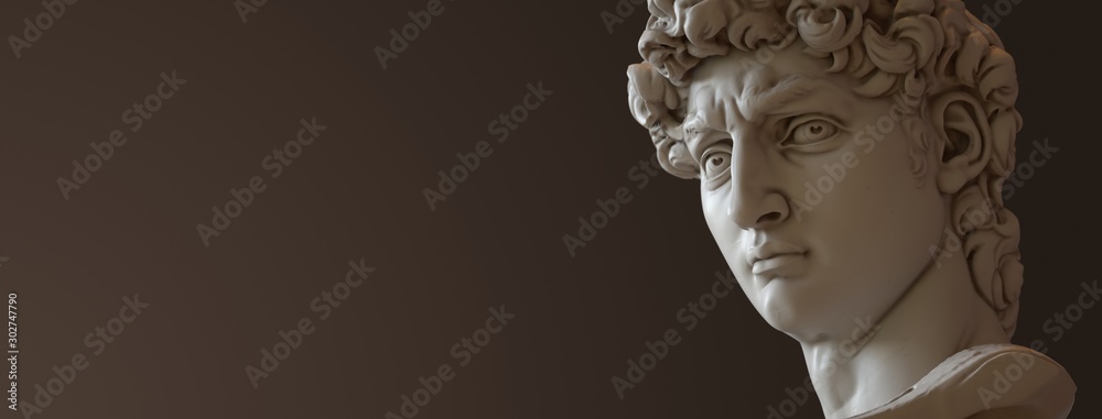 David sculpture by Michelangelo. Close up with dark background. (right ...