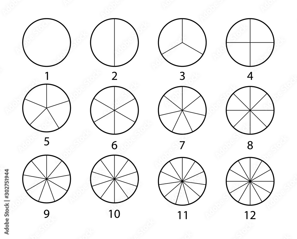Fraction mathematics. Circle segments set. Black thin outline graphics ...