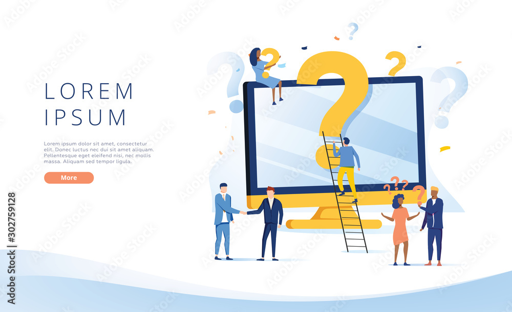 Question mark. Business people asking questions around a huge question ...