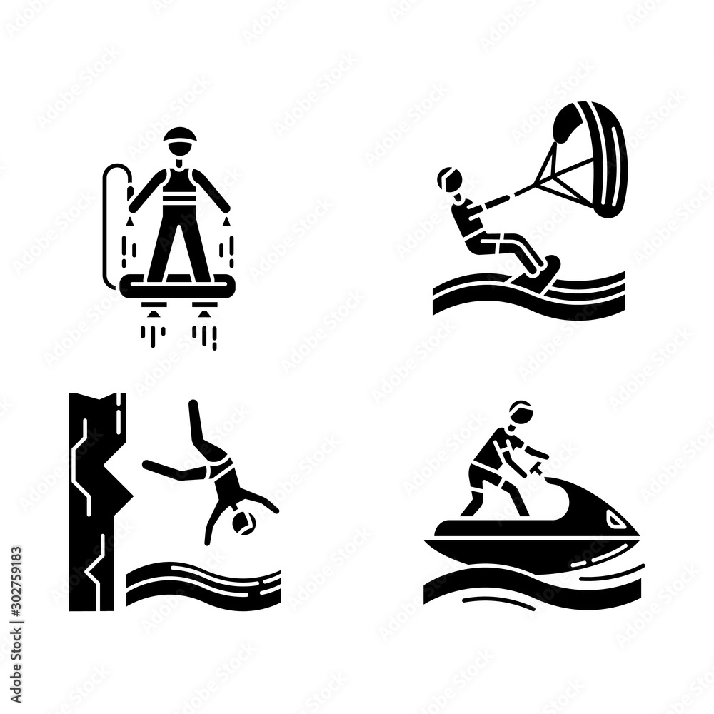 Watersports glyph icons set. Flyboarding, kiteboarding, cliff diving ...