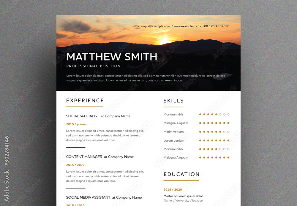 Resume Layout with Sunset Header Stock Template | Adobe Stock