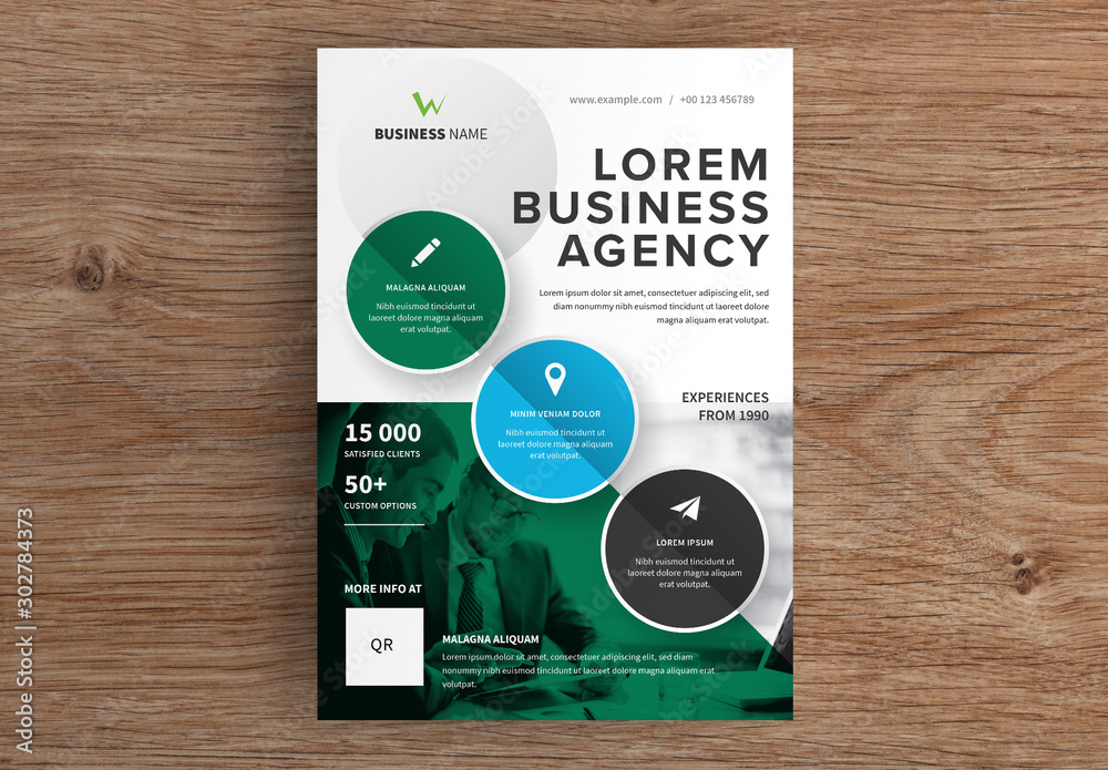 Business Flyer Layout with Circle Elements and Green Accents Stock ...