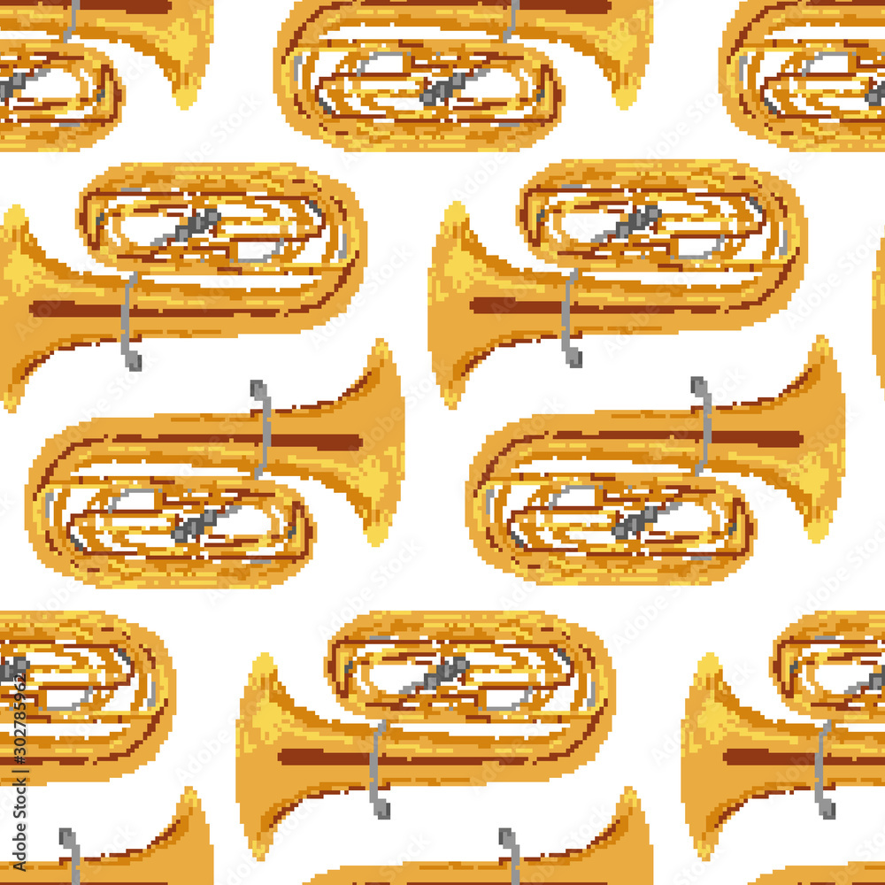 Seamless texture with pixel illustration with a tuba. Musical pixelated ...