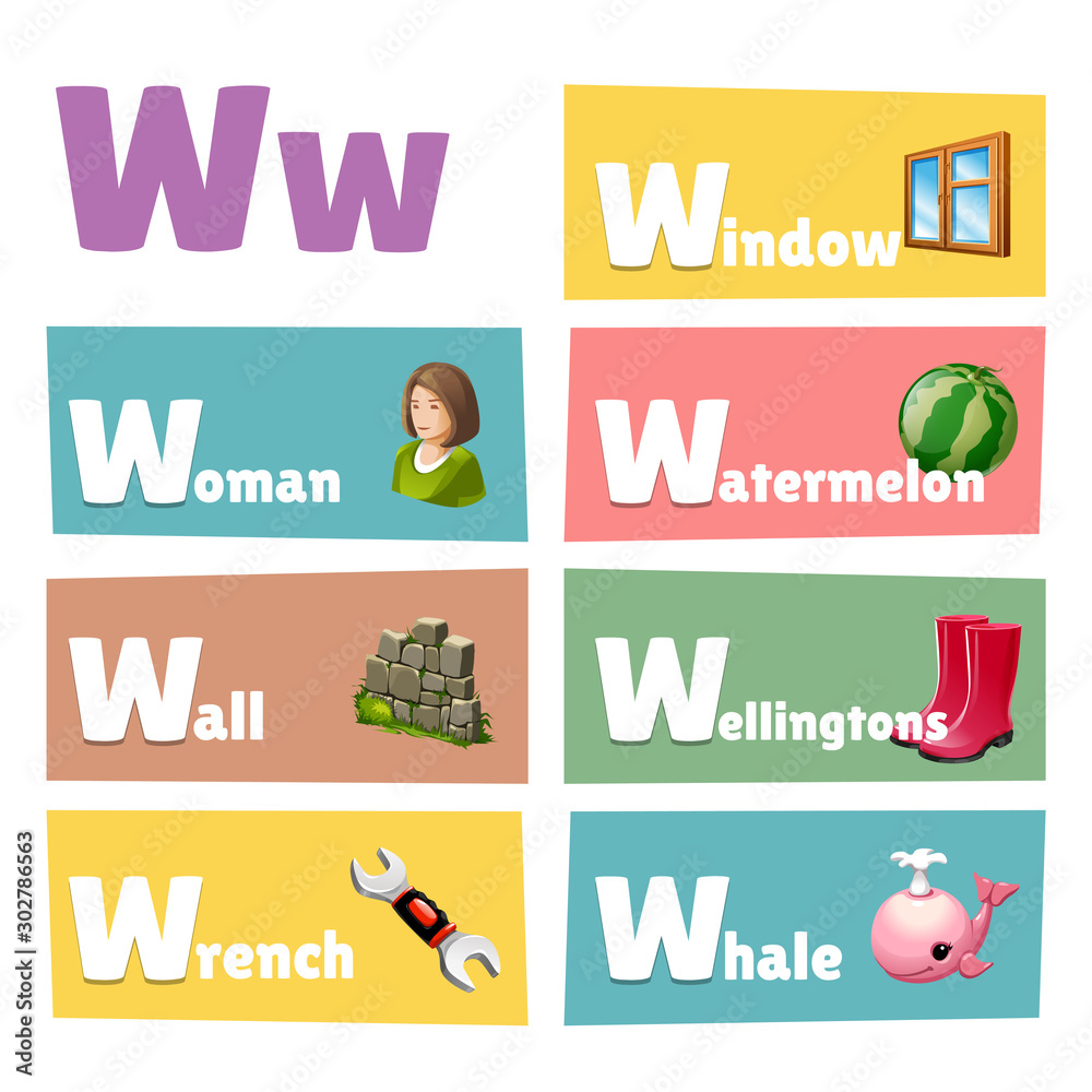 vector W letter with pictures and words with W Stock Vector | Adobe Stock