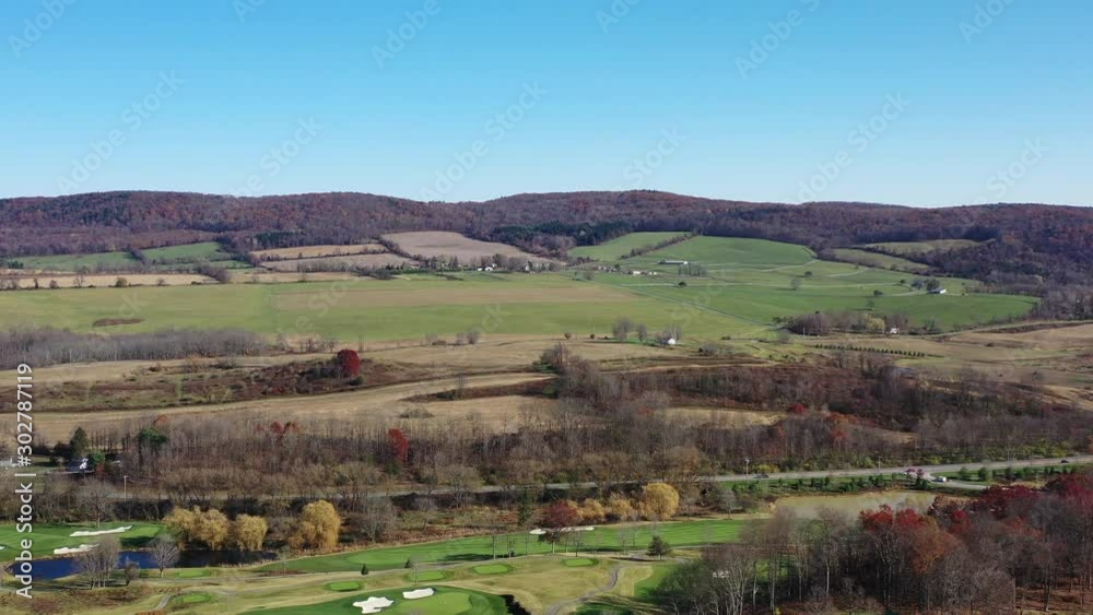 aerial drone view at Scenic Overlook, the camera pans right slowly. It ...