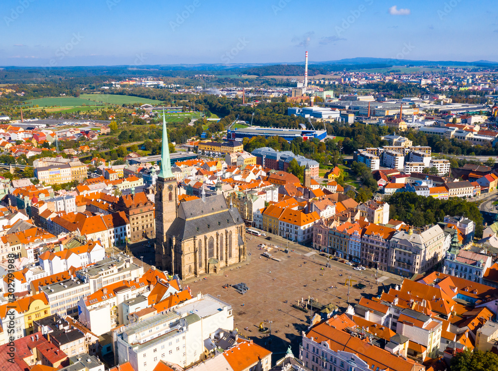 Aerial view to The cathedral of St. Bartholomew. Gothic church located ...