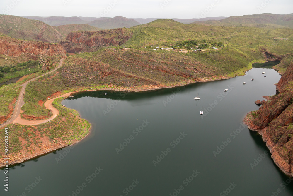 Aerial landscape view of the dam and dam wall of Lake Argyle, the ...