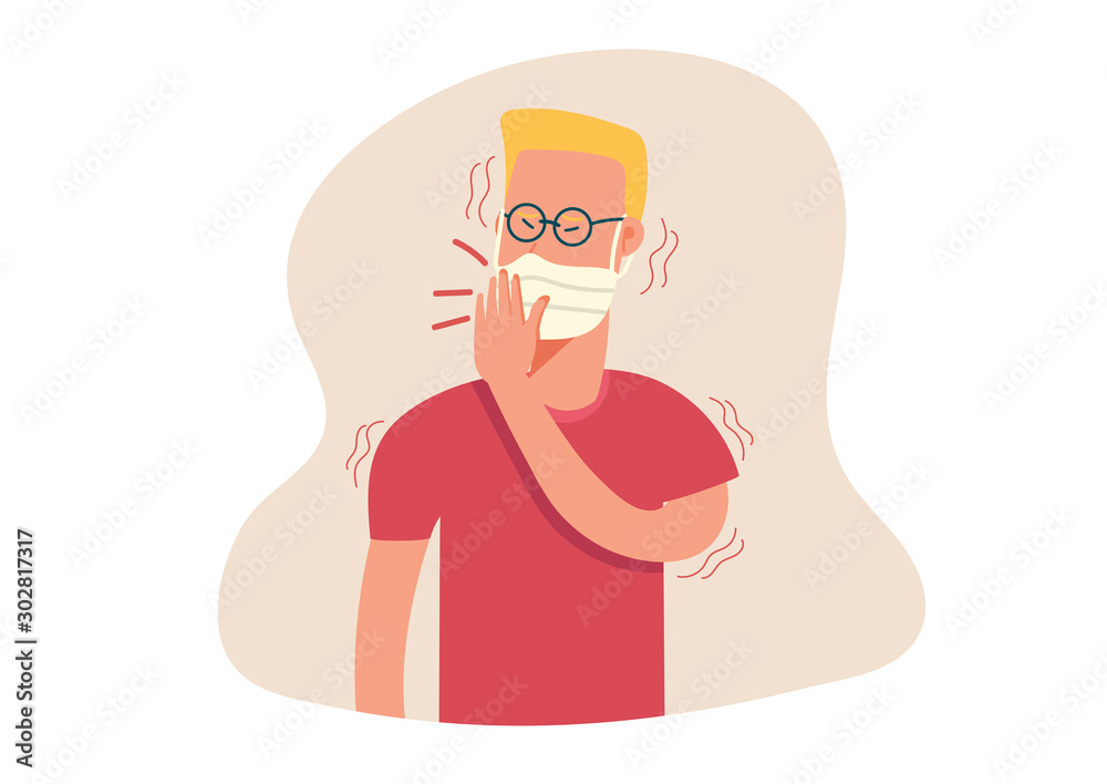 young man with mask suffering form fever, cold sickness, cough and ...