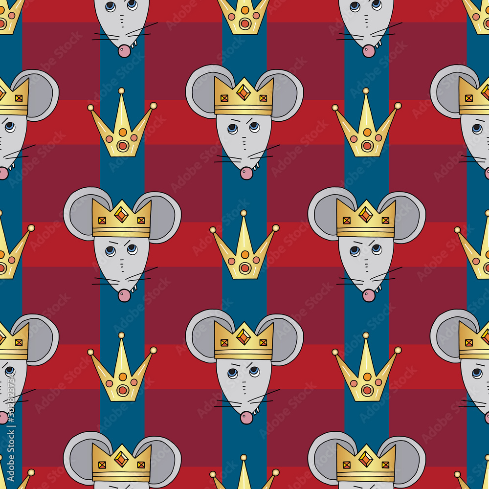 Rat king character vector seamless pattern. Mouse animal with crown ...