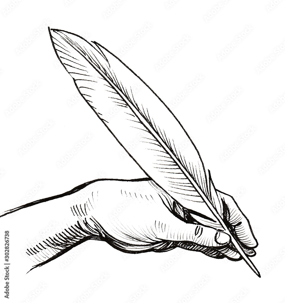 Hand holding a quill. Ink black and white drawing Stock Illustration ...