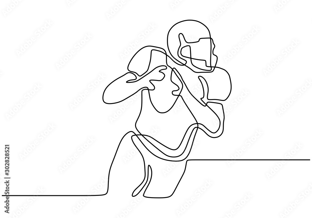 Continuous one line drawing of American football player holding a ball ...