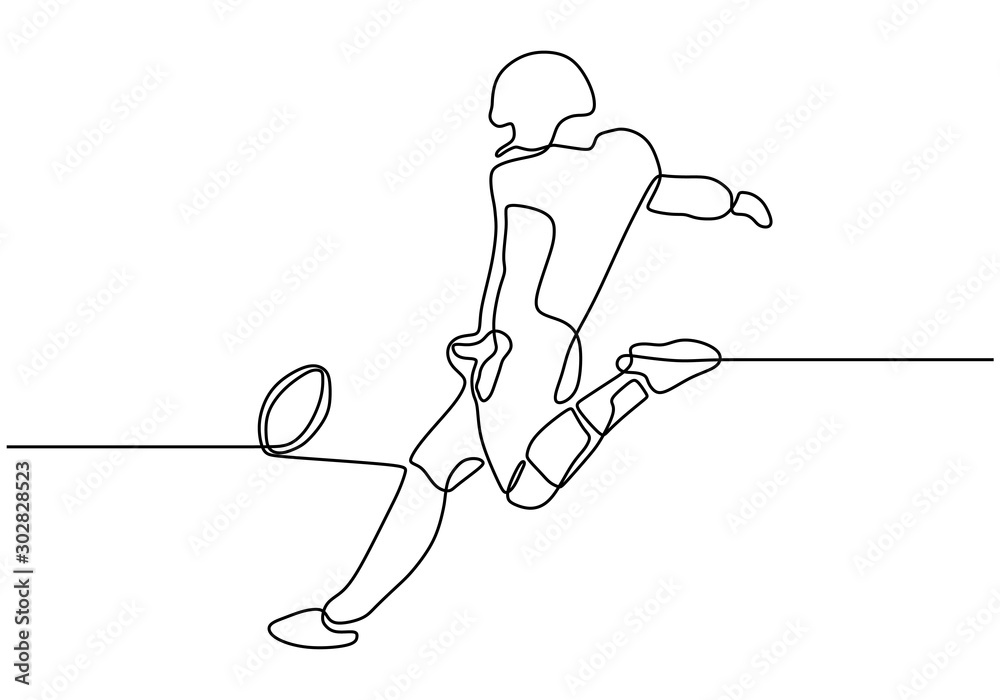Continuous one line drawing of a man kick or shot a ball to make a goal ...