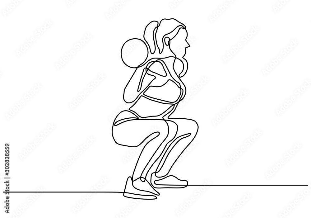 One line drawing of strong woman body builder at gym. Girl workout with ...