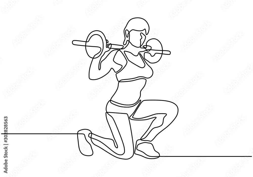 Continuous one line drawing of girl workout with lifting barbells ...