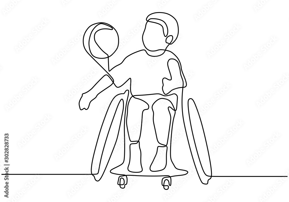 Child playing a ball sitting on wheelchair. Continuous one line drawing ...