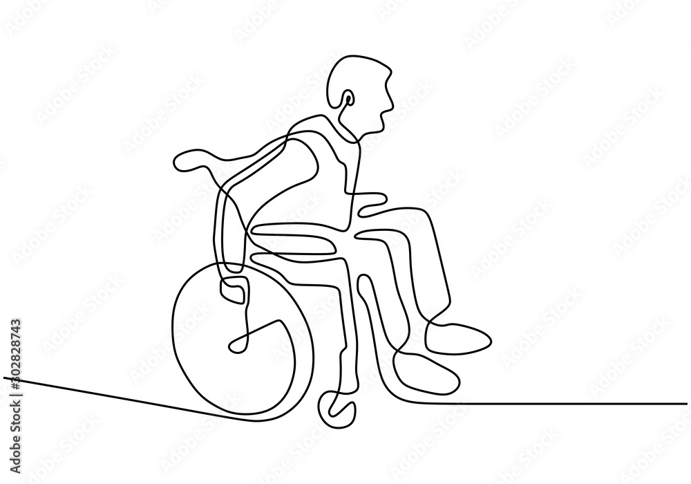 one line disability person on wheelchair. Vector people with injury and ...