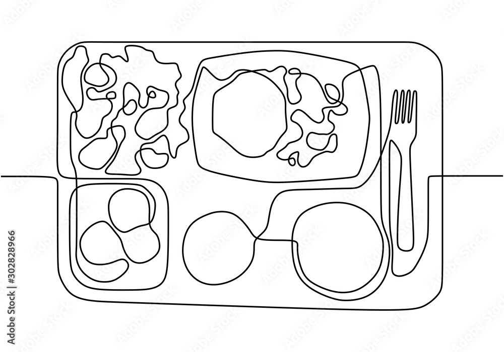 Food on the plate continuous one line drawing. Vector meal for eating ...