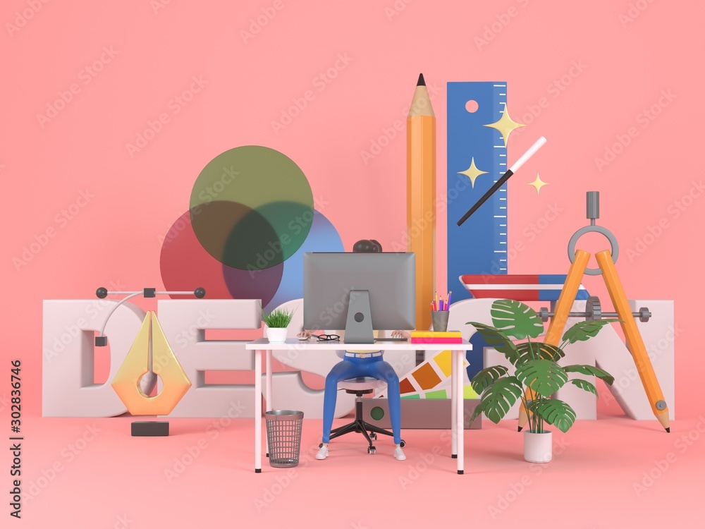 Girl web designer in a working environment. 3d icons and graphic design ...