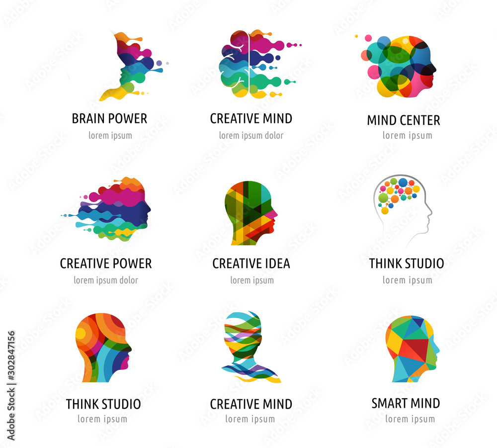 Brain, Creative mind, learning and design icons, logos. Man head ...