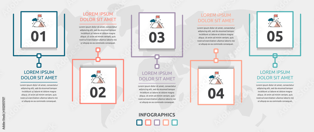 Vector flat infographic template. Line square with text and icons for five diagrams, graph ...