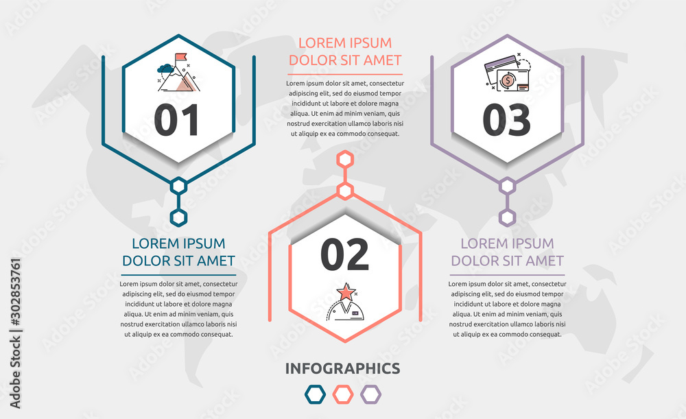 Vector flat infographic template. Line hexagon with text and icons for three diagrams, graph ...