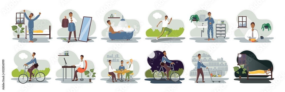 Set of everyday leisure and work activities performing by young man ...