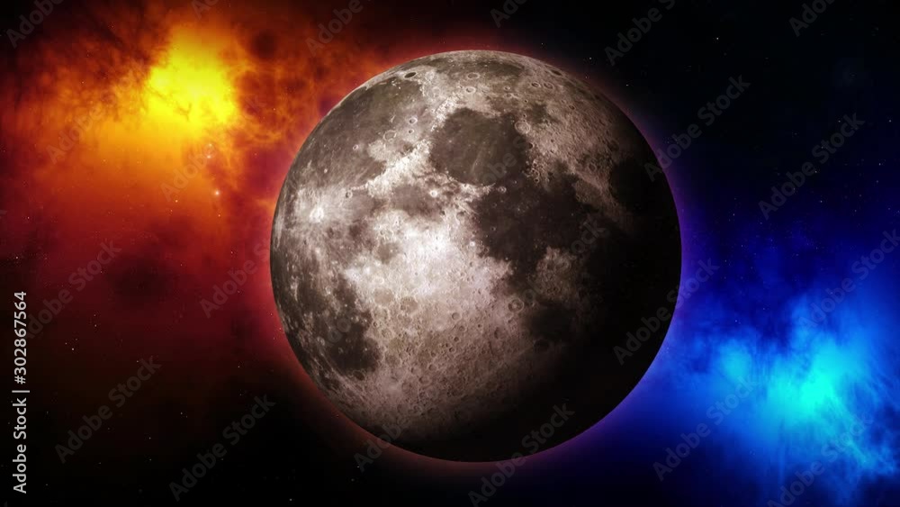 Moon rotates around its axis and approaching away in the colored galaxy ...