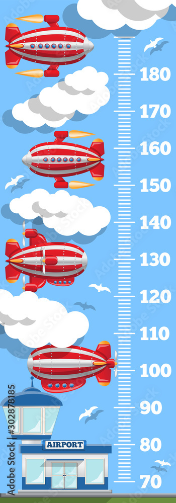 Meter wall with airport and airships. Side view. Vector illustration ...