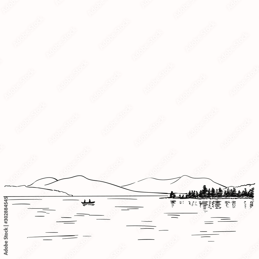 Sketch of calm lake with couple on boat far in water, forest with ...