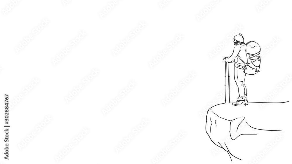 Sketch of hiker with big backpack on top of mountain cliff, Hand drawn ...