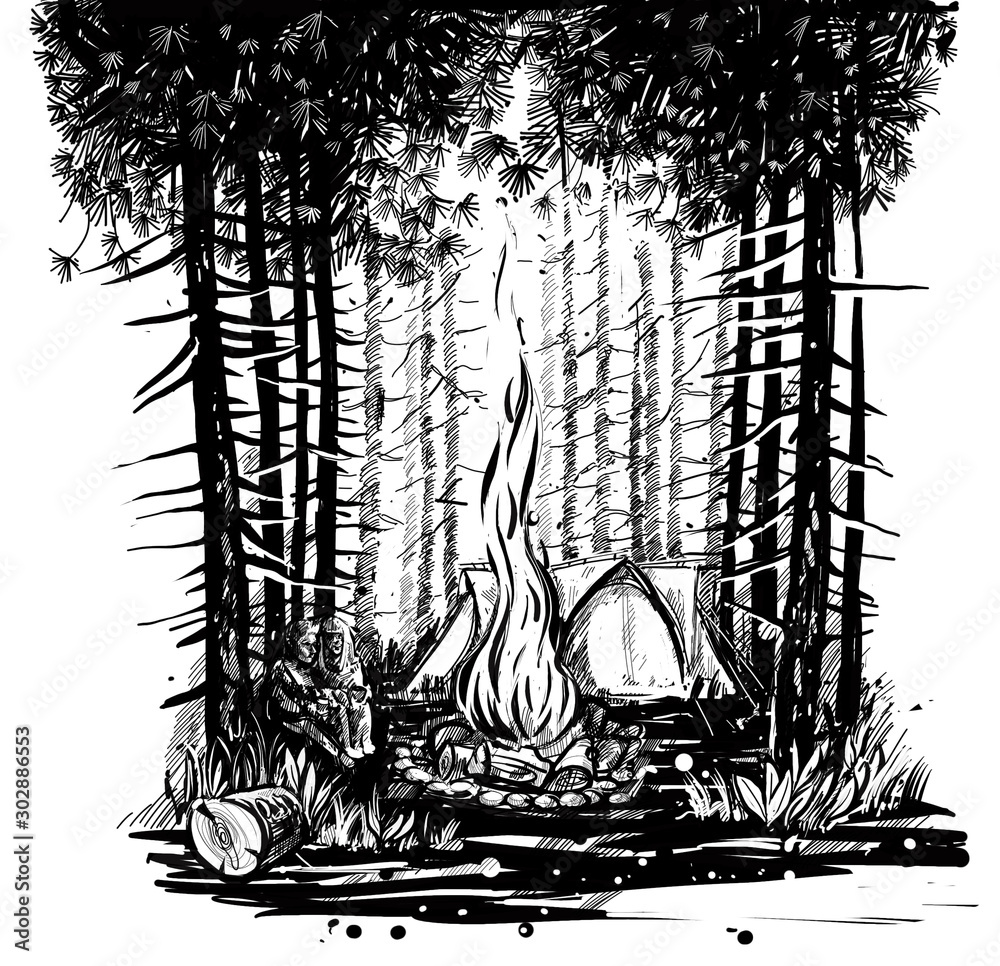 Wild camping in the woods. Couple sits by the campfire in the forest ...