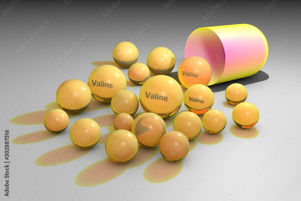 Opened capsule with valine drops. Valine is an essential amino acid ...