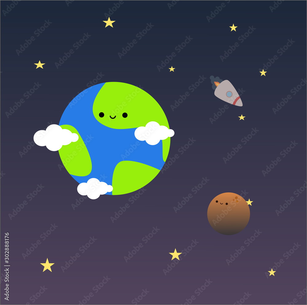 vector illustration cute character earth and moon. space background ...