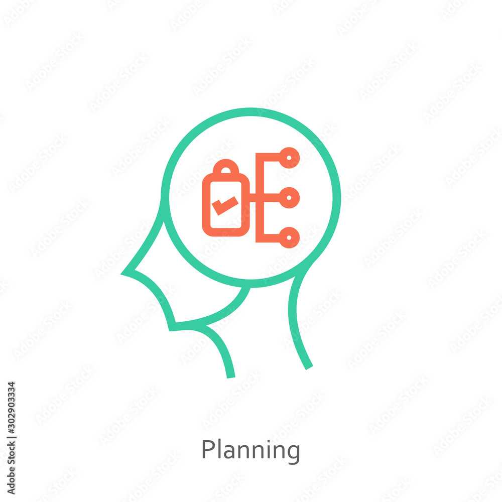 Planning icon concept in the drawing of human brain isolated on white ...