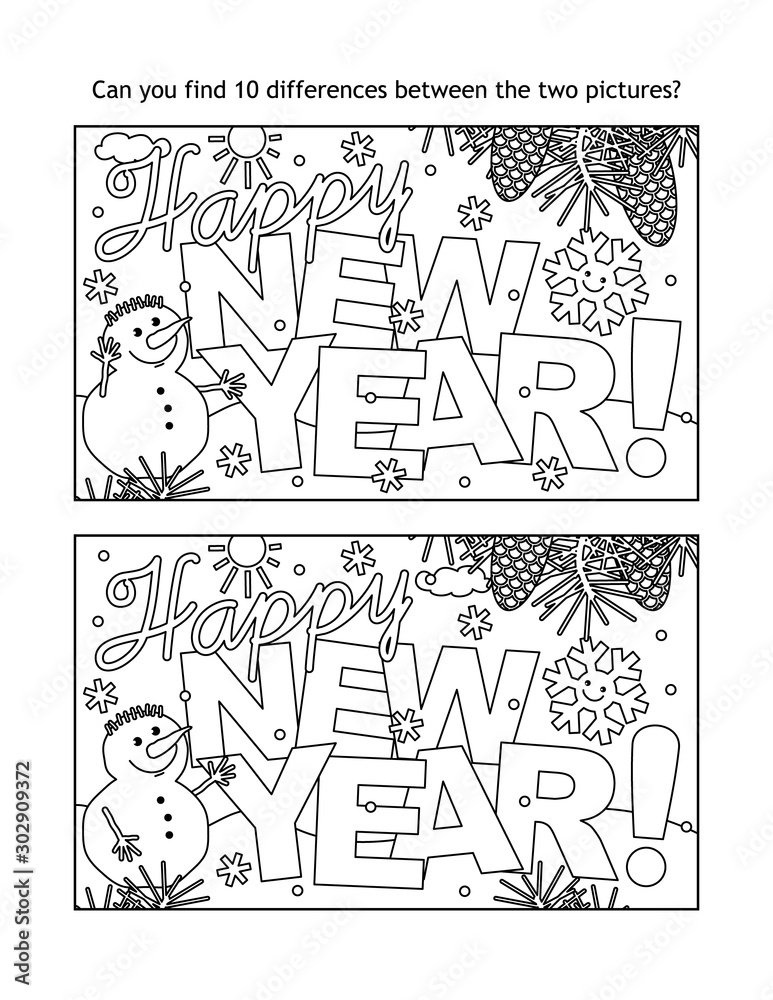 Happy New Year greeting find the ten differences picture puzzle and ...